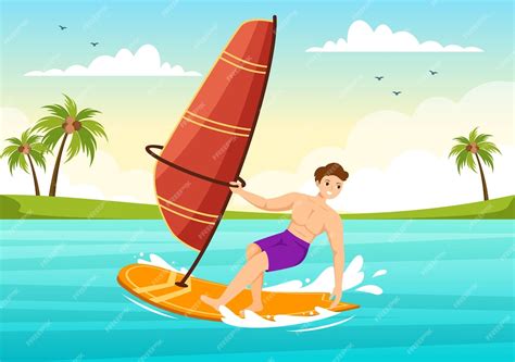 Windsurf Com A Pessoa Em Pé No Barco à Vela Na Ilustração Desenhada à