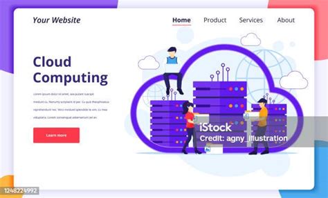 클라우드 컴퓨팅 개념 랩톱 및 서버 디지털 스토리지 데이터 센터에서 일하는 사람들 웹 사이트 및 모바일 웹 사이트에 대한 현대적인 평면 방문 페이지 디자인 벡터
