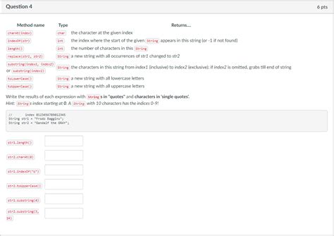 Solved Method Name Type Returns CharAt Index Char The Chegg Com
