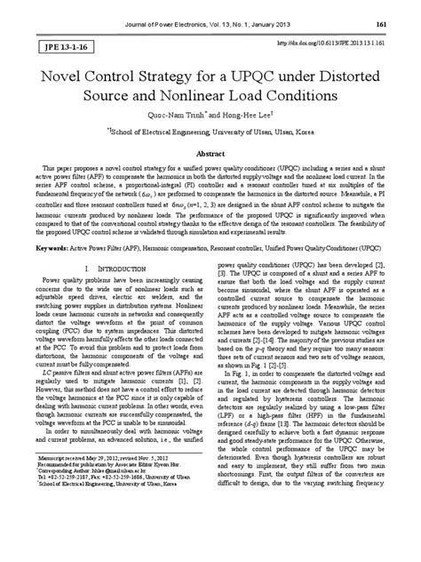 Novel Control Strategy For A Upqc Under Distorted Source And Nonlinear Load Conditions Pdf