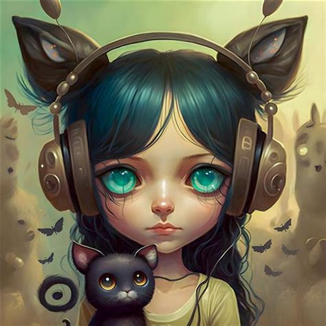 تصویر انیمه کاوائی دختر سبزه با هدفون با گوش گربه ای 1673110