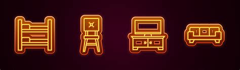 세트 라인 벙크 침대 의자 Tv 테이블 스탠드와 소파 빛나는 네온 아이콘 벡터 2 층침대에 대한 스톡 벡터 아트 및 기타 이미지