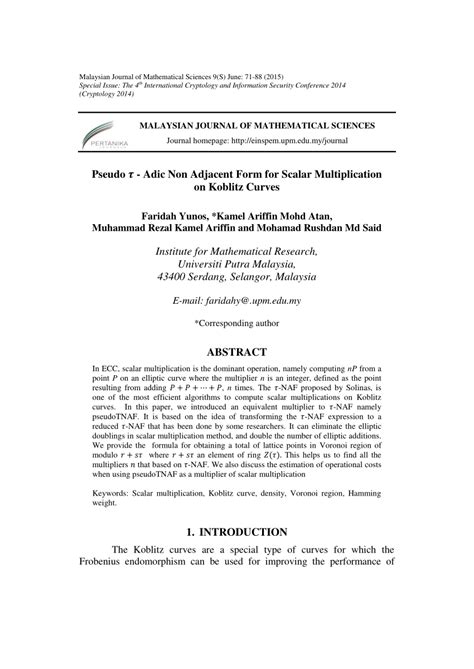 Pdf Pseudo T Adic Non Adjacent Form For Scalar Multiplication On Koblitz Curves