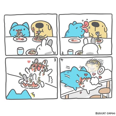 Four Panel Comic Strip With Dogs Eating At A Table And One Cat Sitting