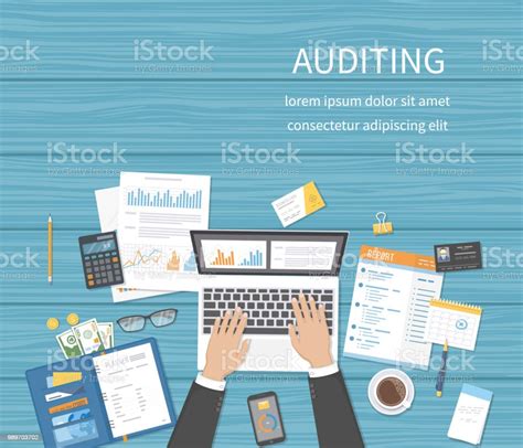 감사 개념입니다 사업 감사 검사 금융 문서를 평가 합니다 노트북 문서 양식 그래픽 차트와 남자의 손 연구 관리 분석 데이터 계획 회계 아이콘에 대한 스톡 벡터 아트 및 기타