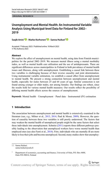 Pdf Unemployment And Mental Health An Instrumental Variable Analysis