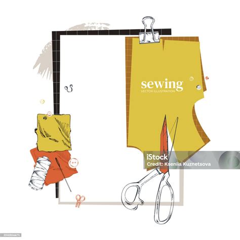 시트 패턴 가위 실 및 재봉용 액세서리가 있는 태블릿 수집 계획 의류 스케치를 위한 디자이너의 무드보드 배경 디자인 배너에 대한 벡터 일러스트 레이 션 스케치에 대한 스톡