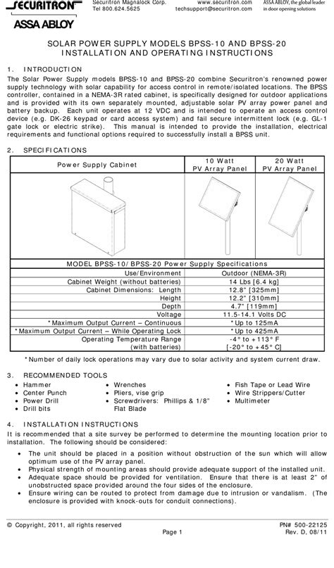 Assa Abloy Securitron Bpss 10 Installation And Operating Instructions