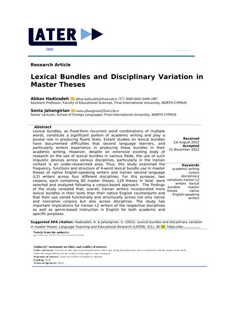 Pdf Lexical Bundles And Disciplinary Variation In Master Theses The