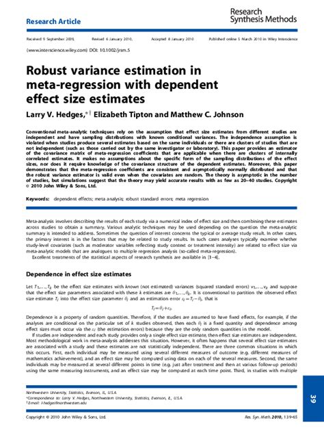 Pdf Robust Variance Estimation In Meta Regression With Dependent Effect Size Estimates