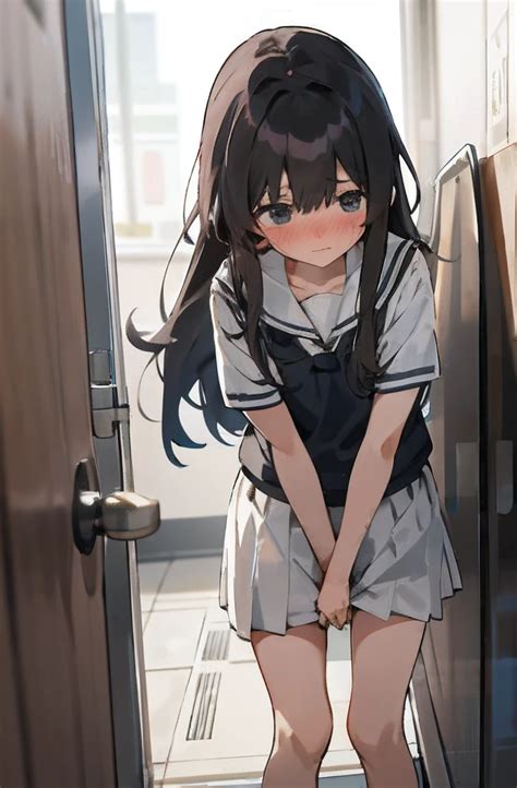 فتاة أنيمي تقف في المدخل ويداها على ركبتيها Seaart Ai