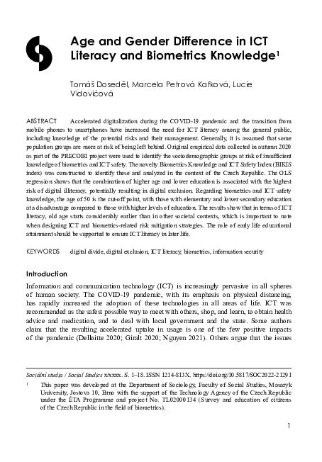 Pdf Age And Gender Difference In Ict Literacy And Biometrics Knowledge