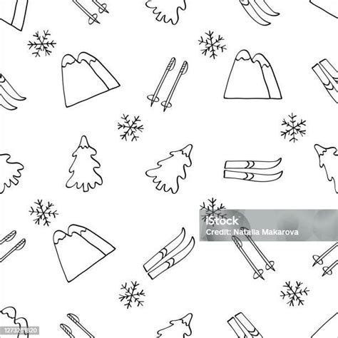 스키 리조트 화이트에 손 그리기 낙서 요소와 원활한 패턴 벡터 배경 산 스프루스 스키 눈송이 겨울 철 야외 스포츠 활동의 일러스트 겨울에 대한 스톡 벡터 아트 및 기타