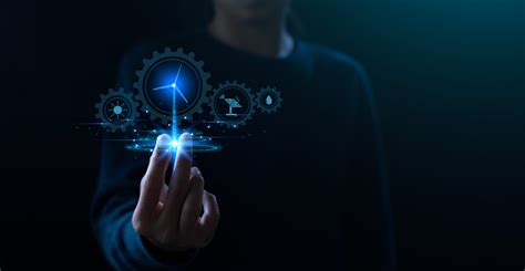 사람은 디지털 기어 및 조명과 상호 작용하여 미래 지향적인 환경에서 혁신과 기술을 구현합니다 가상현실에 대한 스톡 사진 및 기타 이미지 Istock