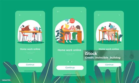 숙제 온라인 모바일 앱 페이지 온보드 화면 템플릿 어머니 아버지 어린이 학생 캐릭터는 가정 일을 공부에 대한 스톡 벡터 아트 및