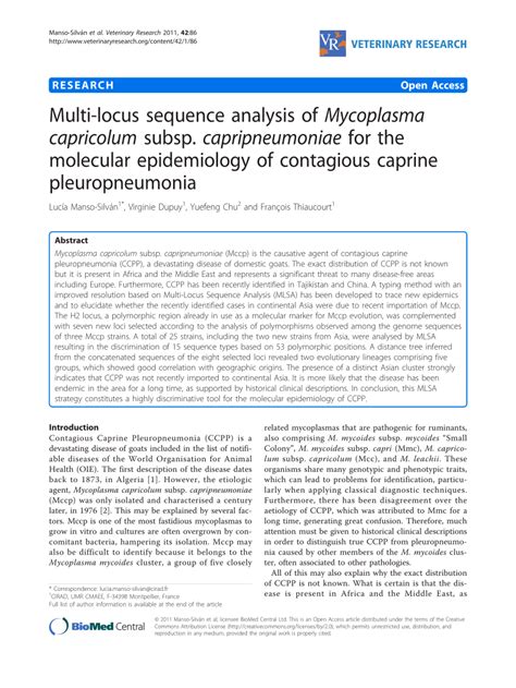 PDF Multi Locus Sequence Analysis Of Mycoplasma Capricolum Subsp Capripneumoniae For The