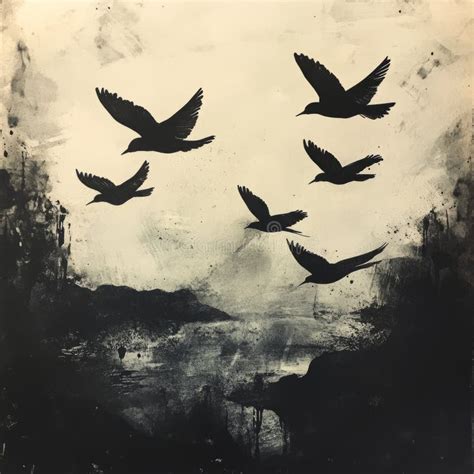 Silhouetted Birds In Flight Over Abstract Landscape With Dramatic Sky