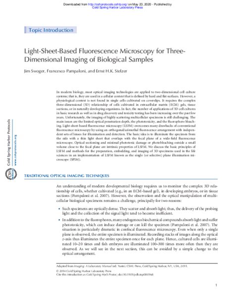 Pdf Light Sheet Based Fluorescence Microscopy For Three Dimensional Imaging Of Biological Samples