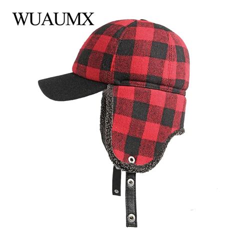 Wuaumx 겨울 봄버 모자 남성용 두꺼운 러시아 트랩퍼 모자 이어 플랩 야구 모자 검정색 격자 무늬 방풍 봄버 모자