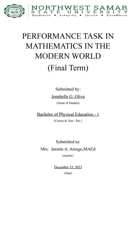 Performance TASK MATH PERFORMANCE TASK IN MATHEMATICS IN THE MODERN WORLD Final Term