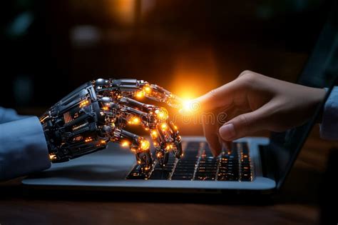 Collaboration Between Human And Robot Hand Interacting With Laptop In Modern Workspace Stock