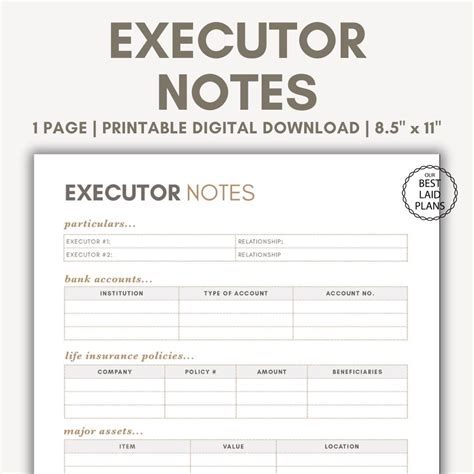 Executor Notes Printable Pdf Estate Executor Notes Will Executor Notes