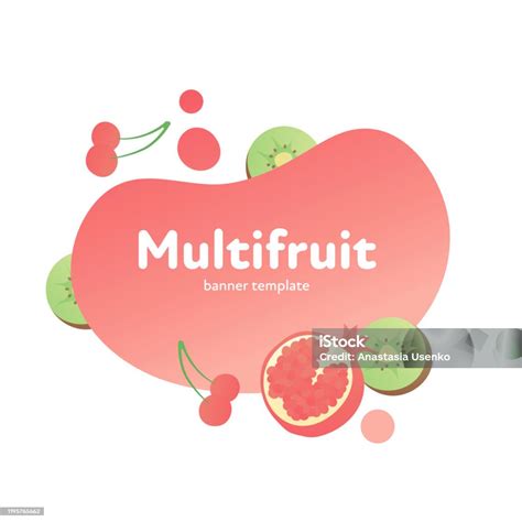 벡터 멀티 프루트 현대 유체 배너 컬러풀한 그라데이션 체리 키위 석류를 흰색으로 분리된 붉은 액체 프레임에 에코 포스터 비타민 과일 메뉴 배경 포스터 카드 디자인 일러스트