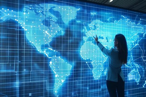 Businesswoman Displaying Futuristic World Map On Digital Screen Premium Ai Generated Image