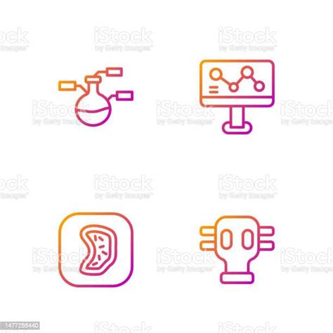 세트 라인 가스 마스크 박테리아 시험관 및 플라스크 및 화학 공식 그라데이션 색상 아이콘 벡터 0명에 대한 스톡 벡터 아트 및