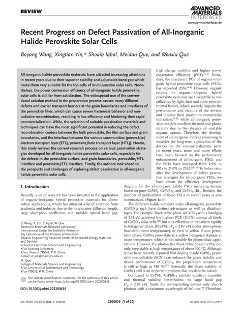Recent Progress On Defect Passivation Of All‐inorganic Halide