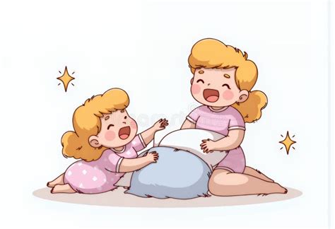 Playful Blonde Chibi Mother And Daughter With Pillows A Charming