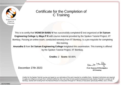 Completed C Programming Course By Spoken Tutorial Vignesh Babu Posted