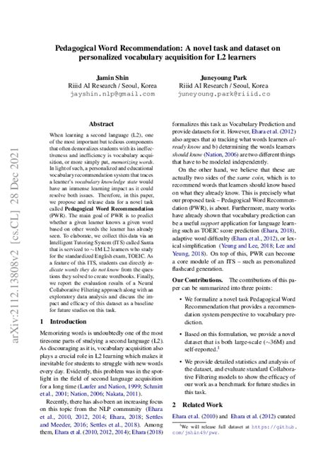 Pdf Pedagogical Word Recommendation A Novel Task And Dataset On Personalized Vocabulary