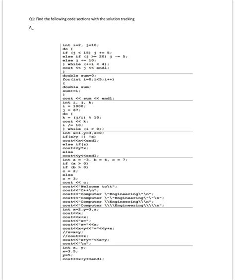 solved q1 find the following code sections with the