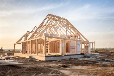 Premium AI Image | New house under construction Wooden frame with truss ...