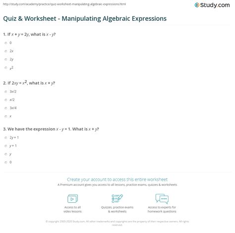 quiz and worksheet manipulating algebraic expressions