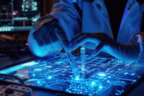 Innovative Microfluidic Chip Usage In Modern Laboratory With Real Time Data Display Stock Image