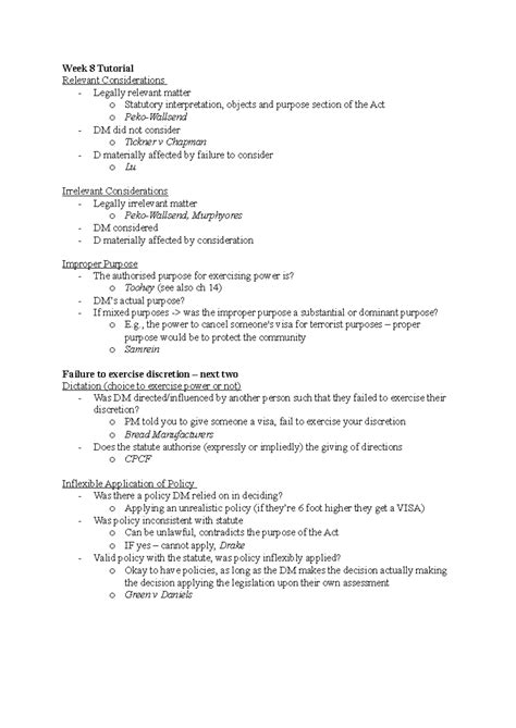 Week 8 Tutorial Notes Week 8 Tutorial Relevant Considerations