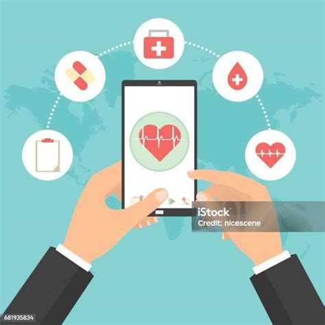 비즈니스 맨 손 건강 체크 개념의 의료 기술에 대 한 스마트 폰 태블릿 화면을 가리킵니다 벡터 일러스트 레이 션의 생각 기술 동향 인터넷 사고와 재해에 대한 스톡 벡터 아트
