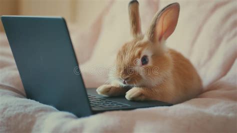 Rabbit Using A Laptop With Its Paws Resting On The Keyboard Sitting On