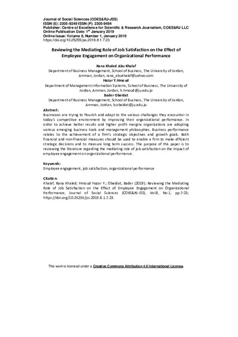 Pdf Reviewing The Mediating Role Of Job Satisfaction On The Effect Of Employee Engagement On