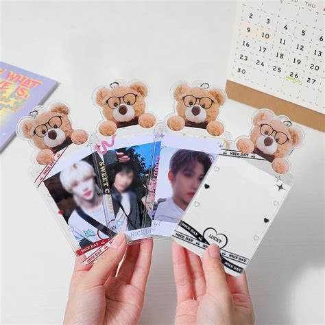 테디 베어 Kpop 아이돌 포토카드 홀더 Pvc 여성 여자 은행 Id 카드 홀더 키 체인 사진 슬리브 케이스 커버 학교 문구