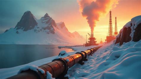 Surreal Oil Production In The Vibrant Antarctic Dreamscape Stock