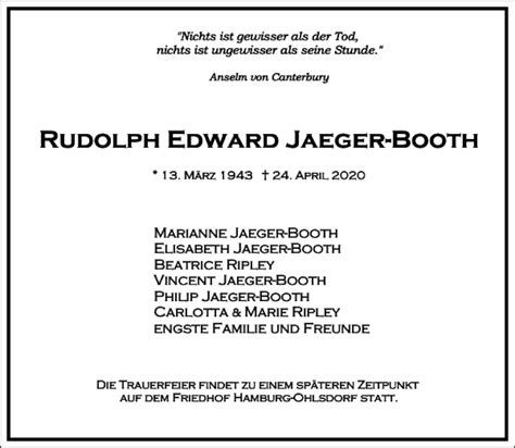 Traueranzeigen Von Rudolph Edward Jaeger Booth Frankfurter Allgemeine