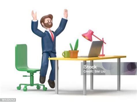 웃는 수염을 기른 미국 사업가 밥이 사무실에서 행복 한 3d 그림 흰색 배경에 평면 만화 캐릭터 3d 렌더링 일러스트레이션에 대한 스톡 사진 및 기타 이미지 Istock