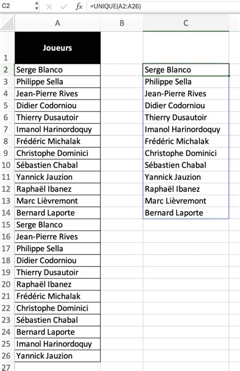 fonction unique excel extraire des valeurs sans doublons