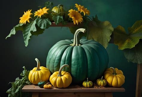Green Pumpkin And Gourds Arrangement Premium Ai Generated Image