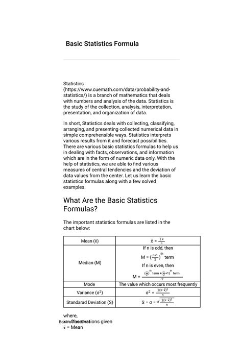 Statistics It Is A Simple Note Basic Statistics Formula Statistics Studocu