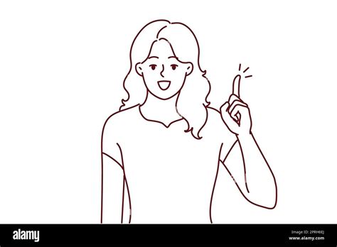 Smiling Young Woman Hold Finger Up Develop Good Idea Happy Motivated