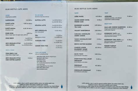 Menu At Blue Bottle Coffee Cafe Palo Alto 456 University Ave